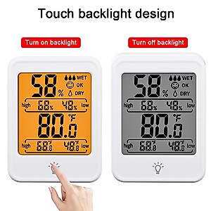 [2 Pack] TIQUS Hygrometer Humidity Gauge Indicator Digital Indoor Thermometer Room Temperature and Humidity Monitor with Touch Backlight White