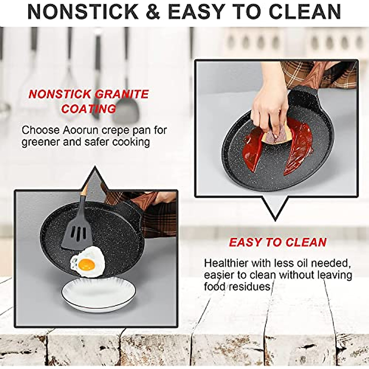 Aoorun Crepe Pan, Pancake Pan, Dosa Tawa Pan Nonstick Flat Griddle Frying Skillet Pan with Granite Coating & Solid Wood Handle for Omelette, Tortillas, Induction Compatible, 10 Inch
