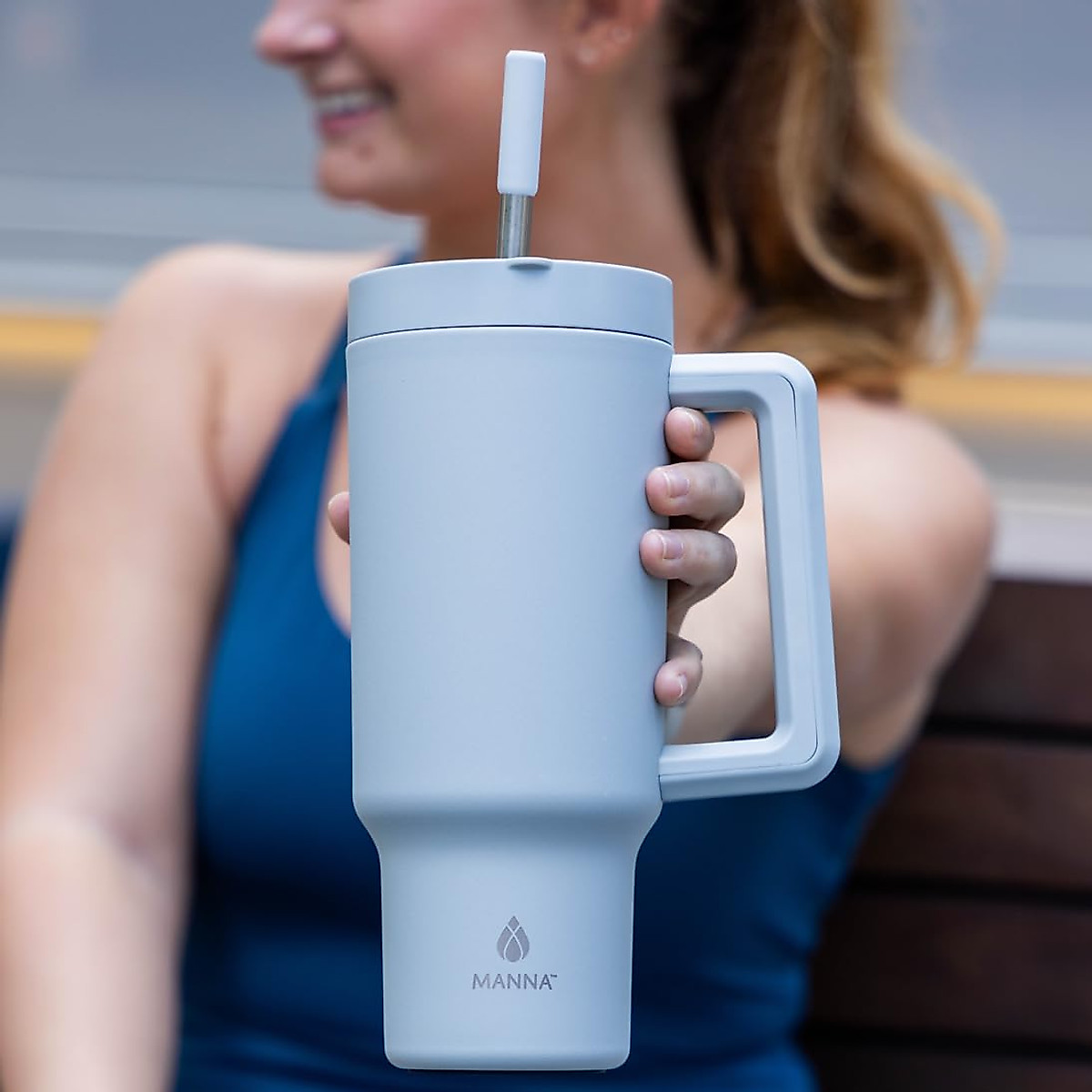 Manna Stainless Steel Double Wall Insulated Tumbler with Smart Seal Dual Sip Lid and Straw Fit Handle - 40 Oz - Ocean Mist Powder Coat