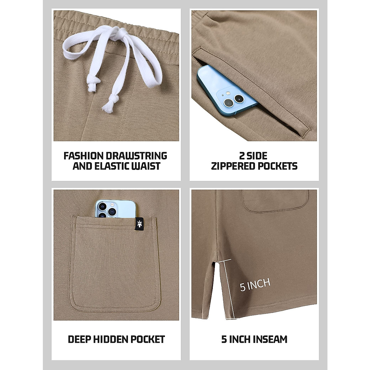 Pioneer Camp Sweat Shorts for Men 5 Inch Inseam Shorts Athletic Gym Workout Casual Cotton Shorts for Running Pajama Lounge Summer Shorts(Khaki,XL)