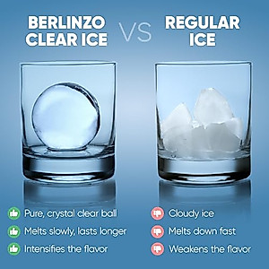 BERLINZO Premium Clear Ice Cube Maker - Whiskey Ice Ball Maker Mold Large 2 Inch - Crystal Clear Ice Maker Sphere - Clear Ice Ball Maker with Storage Bag