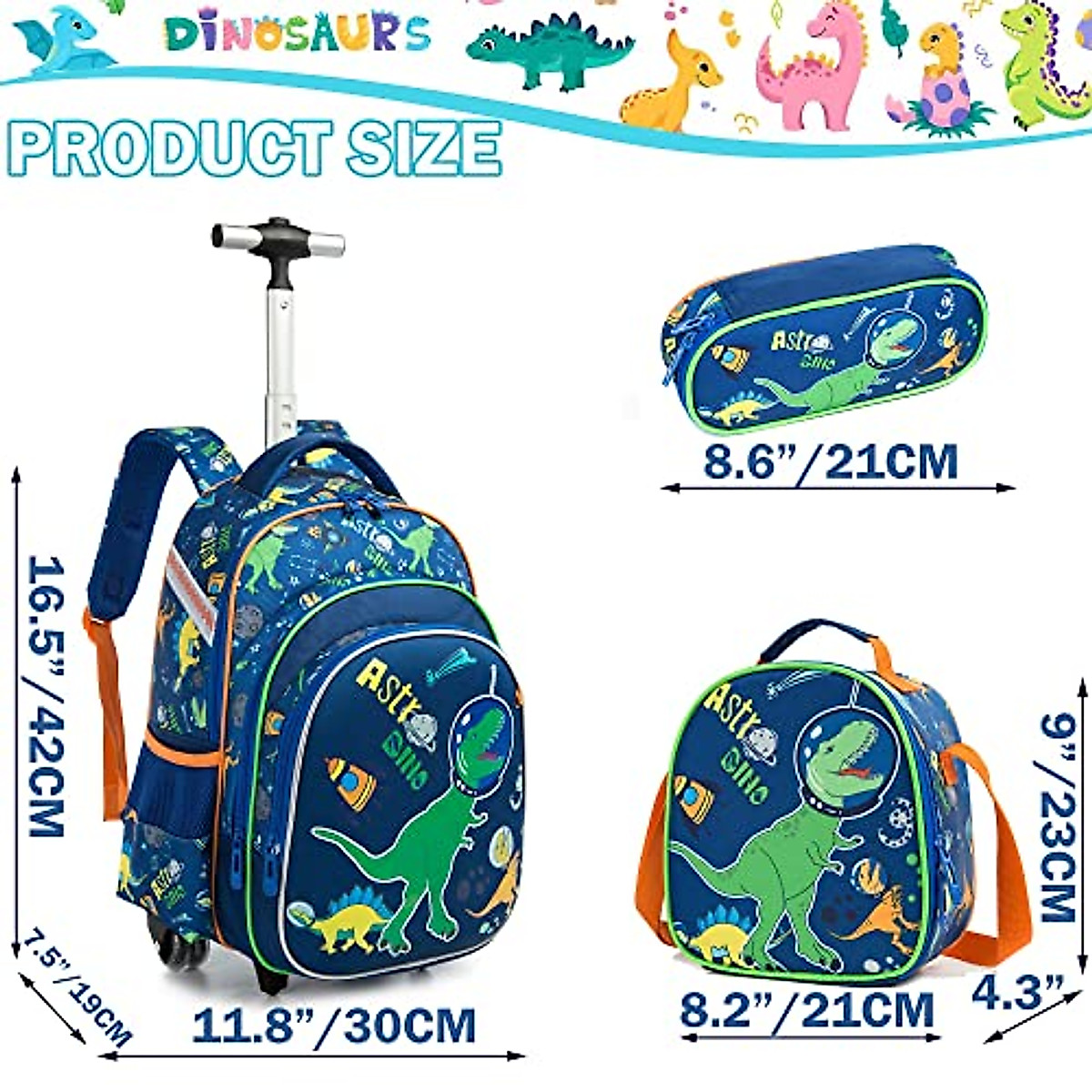Meetbelify Boys Dinosaur Rolling Backpack Kids Backpacks with Wheels for School Bags Luggage