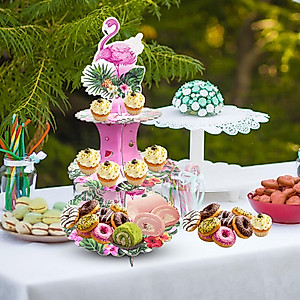 Rainmae 3 Tier Pink Flamingo Cupcake Stand, Hawaiian Theme Cupcake Holder, Luau Aloha Cake Holder Decorations, Dessert Tower Tropical Supplies Baby Shower for Summer Pool Beach Birthday Party Supplies