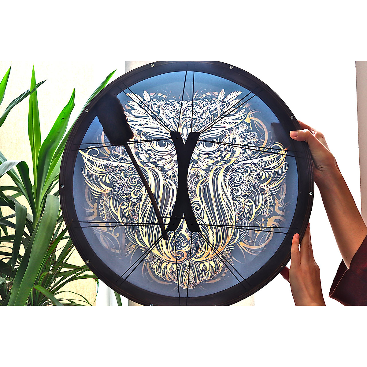 Vegan Shaman "Owl Soul" Drum 20'' | Healing Sound Therapy | Tunable Frame Drum | Water Resistant Membrane | Deep Bass Sacred Sound | With a Soft Protecting Bag