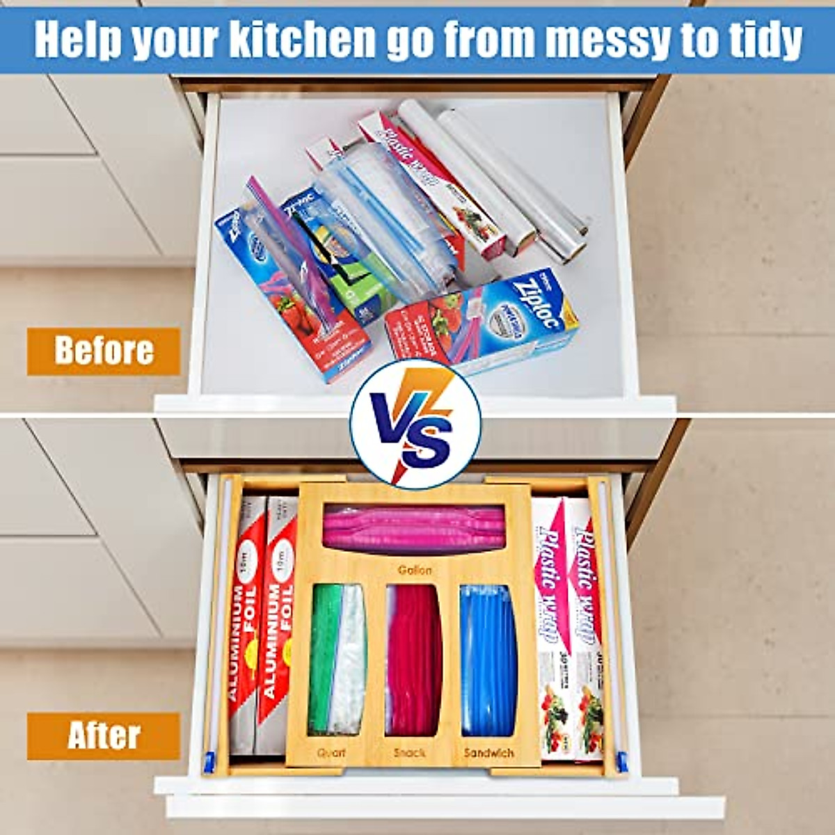 Expandable Ziplock Bag Storage Organizer - 8 IN 1 Foil and Plastic Wrap Dispenser with Cutter, Kitchen Drawer Organizer for Gallon, Quart, Sandwich & Snack Bag, 12.9" Aluminum Foil, etc