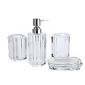 Holyfire Bathroom Accessory Set, 4-Piece Decorative Clear Acrylic Bathroom Decor Accessories Set, Soap Dispenser, Soap Dish, Toothbrush Holder, Toothbrush Cup, Clear
