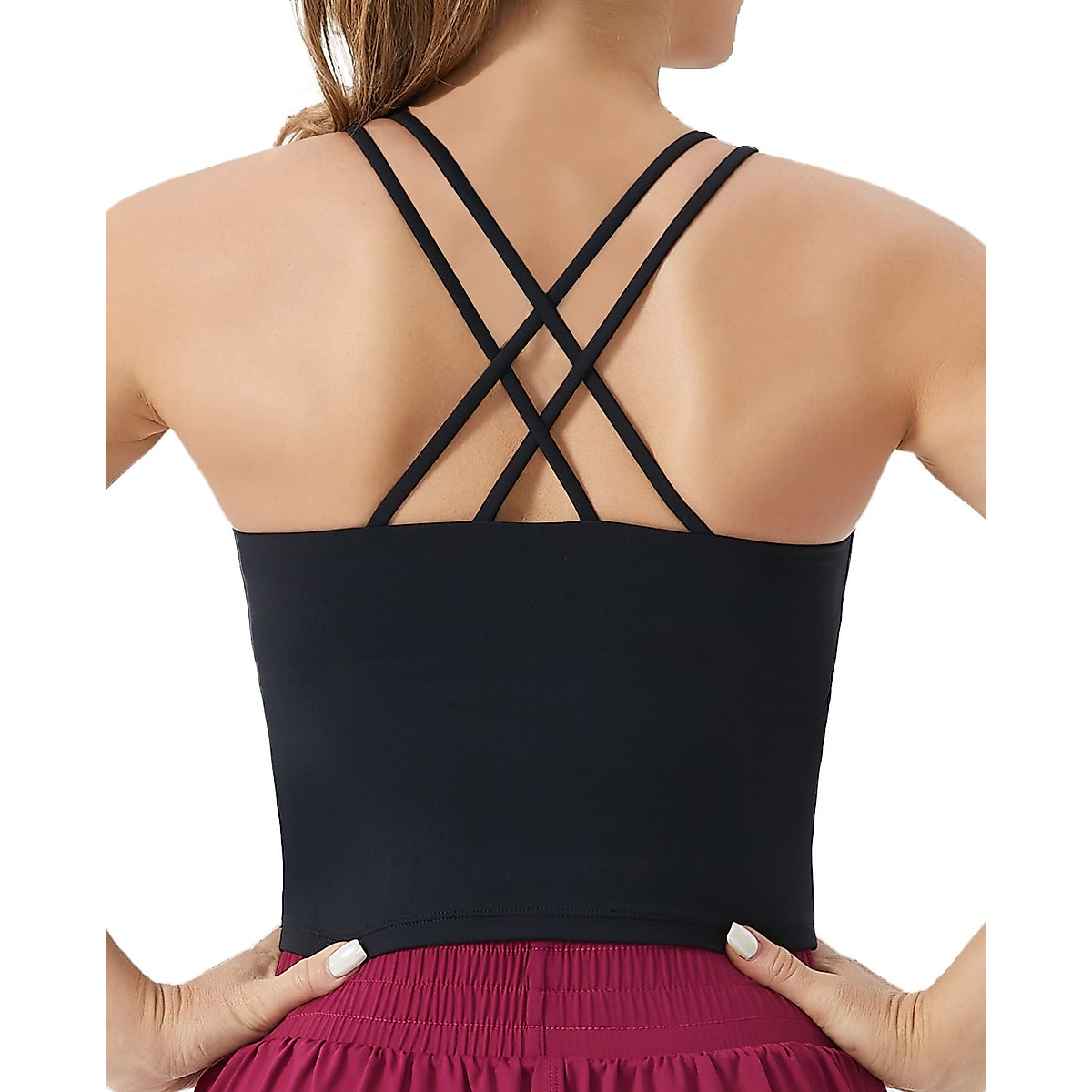 THE GYM PEOPLE Women's Cross Back Sports Bra Halter Neck Workout Crop Tank Tops with Removable Pads Black