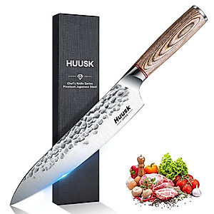Huusk Japan Knife 8-inch Chef Knife Professional Hand Forged Kitchen Knife High Carbon Steel Sharp Japanese Gyutou Chef Knives for Meat Vegetables - Wood Handle with Gift Box