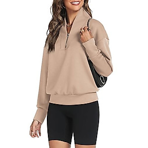 THANTH Half Zip Sweatshirt for Women Baggy Quarter Zip Pullover Hoodies Fall Outfits Cute Y2k Long Sleeve Sweatshirts Apricot M