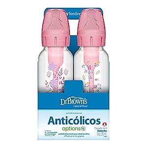 Dr. Brown's Natural Flow Anti-Colic Options+ Narrow Baby Bottle, Pink Floral, 8 oz/250 mL, with Level 1 Slow Flow Nipples, 0m+, 4 Pack