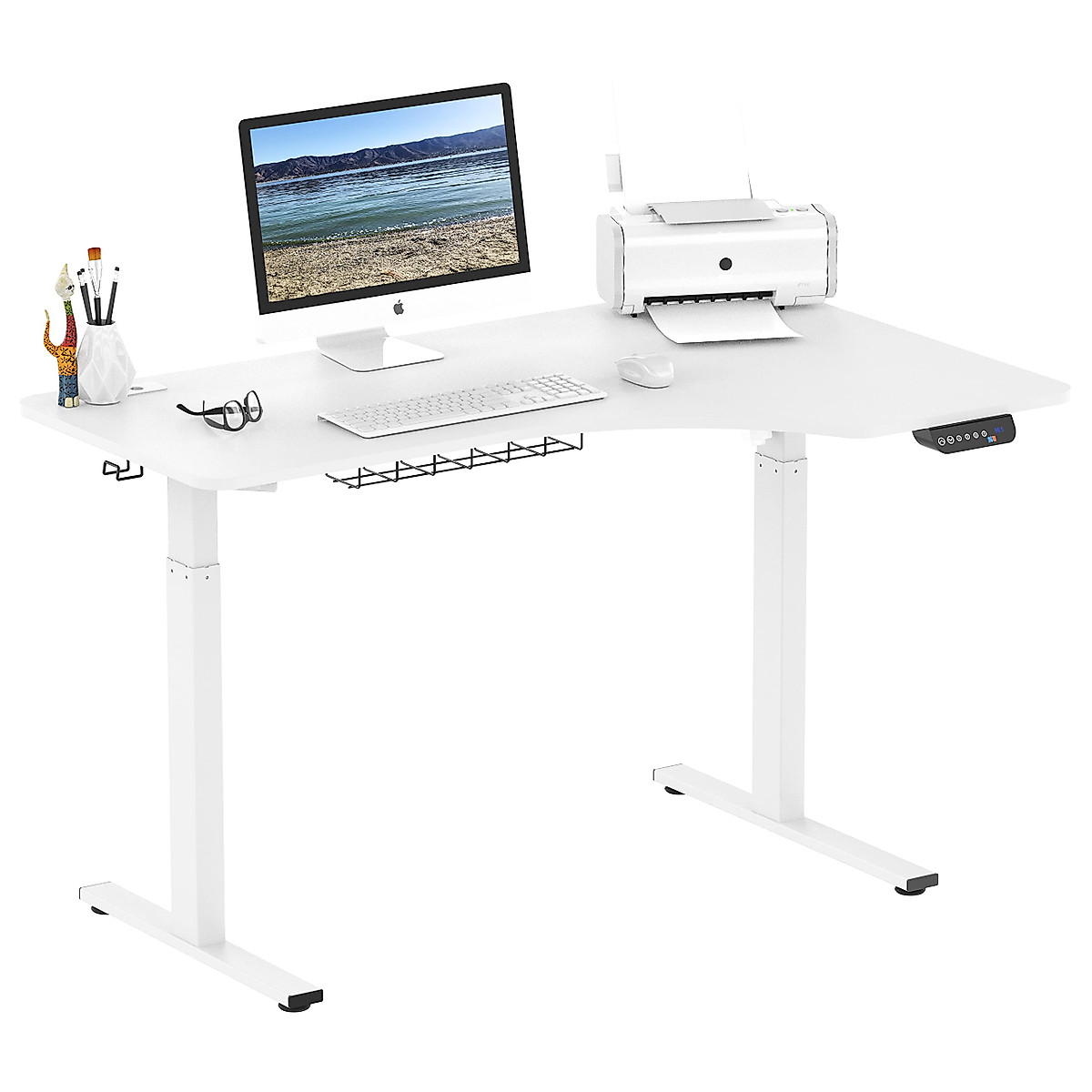 SHW 55-Inch L-Shaped Electric Height Adjustable L-Shaped Standing Desk with Right Facing Corner, White