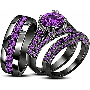 Aryan Jewels 2.30 Ct Round Cut Purple Amethyst 14K Black Gold Over Wedding Band Engagement Bridal Trio Ring Set for Him & Her (7.5)