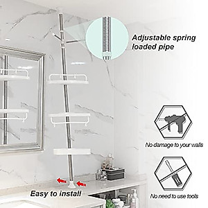 Corner Shower Caddy Tension Pole - Standing Shower Caddy Shelves Rustproof,Stand Up Shower Caddy Rack Organizer for Bathroom,Bathtub,with 1 Upper Shelf, 3 Lower Shelves