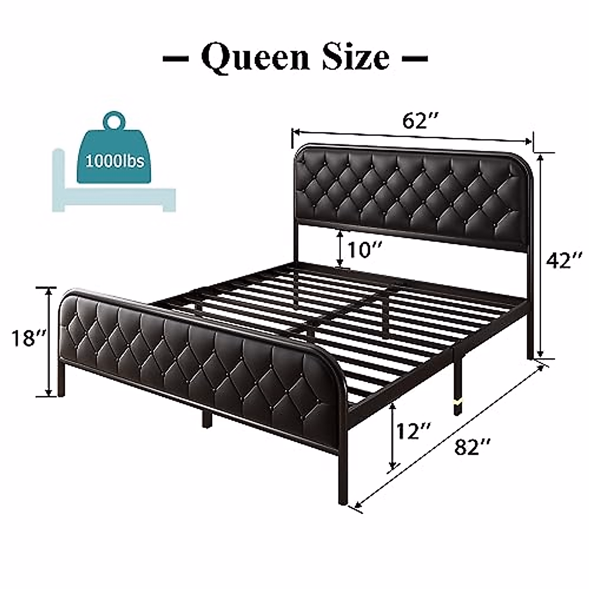 iPormis Upholstered Queen Platform Bed Frame, Heavy Duty Mattress Foundation, 12" Under Bed Space, Metal Slats Support, Button Faux Leather Headboard, Easy Assembly, Noise Free, Black