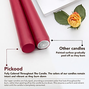 Pickood New Burning Formula Unscented Dripless 10-Inch Taper Candles Set of 12 - Dark Red, for Wedding, Dinner - Smokeless, Long Burning - Hand Poured, Colored Tall Candlesticks - Rojo Oscuro