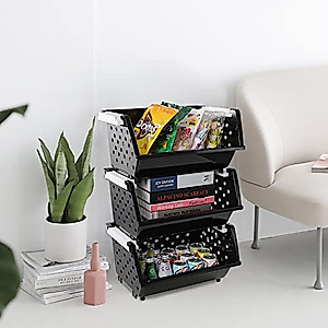 Vababa 3-Pack Plastic Stacking Storage Basket, Stackable Bin Organizer, Black