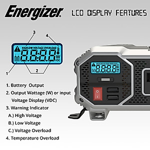 Energizer 2000 Watts Power Inverter Modified Sine Wave Car Inverter, 12v to 110v, Two AC Outlets, Two USB Ports (2.4 Amp), DC to AC Converter, Battery Cables Included – ETL Approved Under UL STD 458