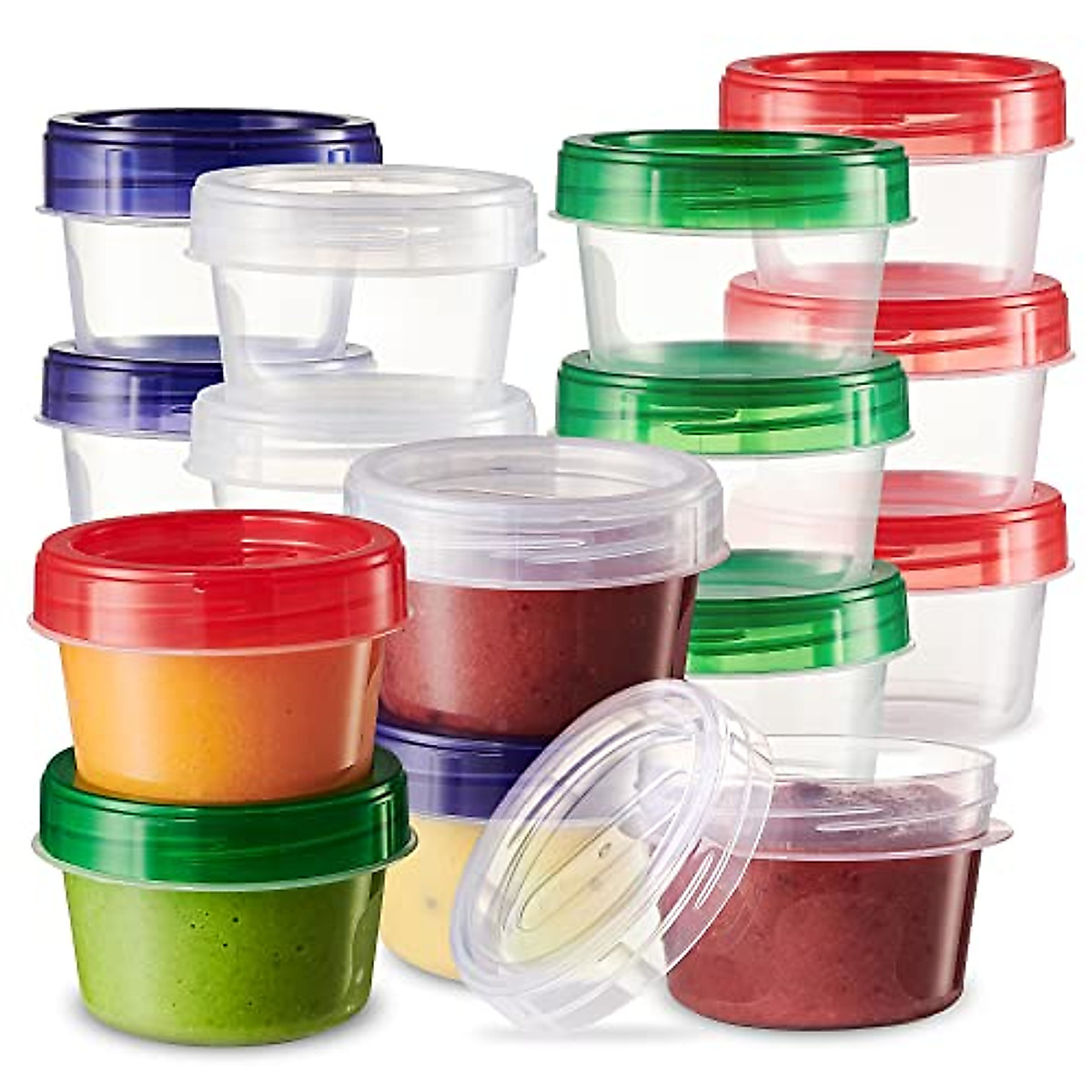 Elegant Disposables Baby Food Storage Containers 12 Pack, 4 ounce Colored Twist on Lids, Plastic, 1/2 Cup Small Freezer Storage Container