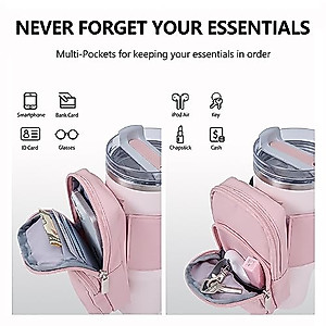 SUITMAT Large Water Bottle Pouch for Stanley Quencher Cup Tumbler, Double Layer Water Resistant Bag for iPhone 14 Pro Max, iPod Air, Credit Cards, Key, Pink (Bag Only)
