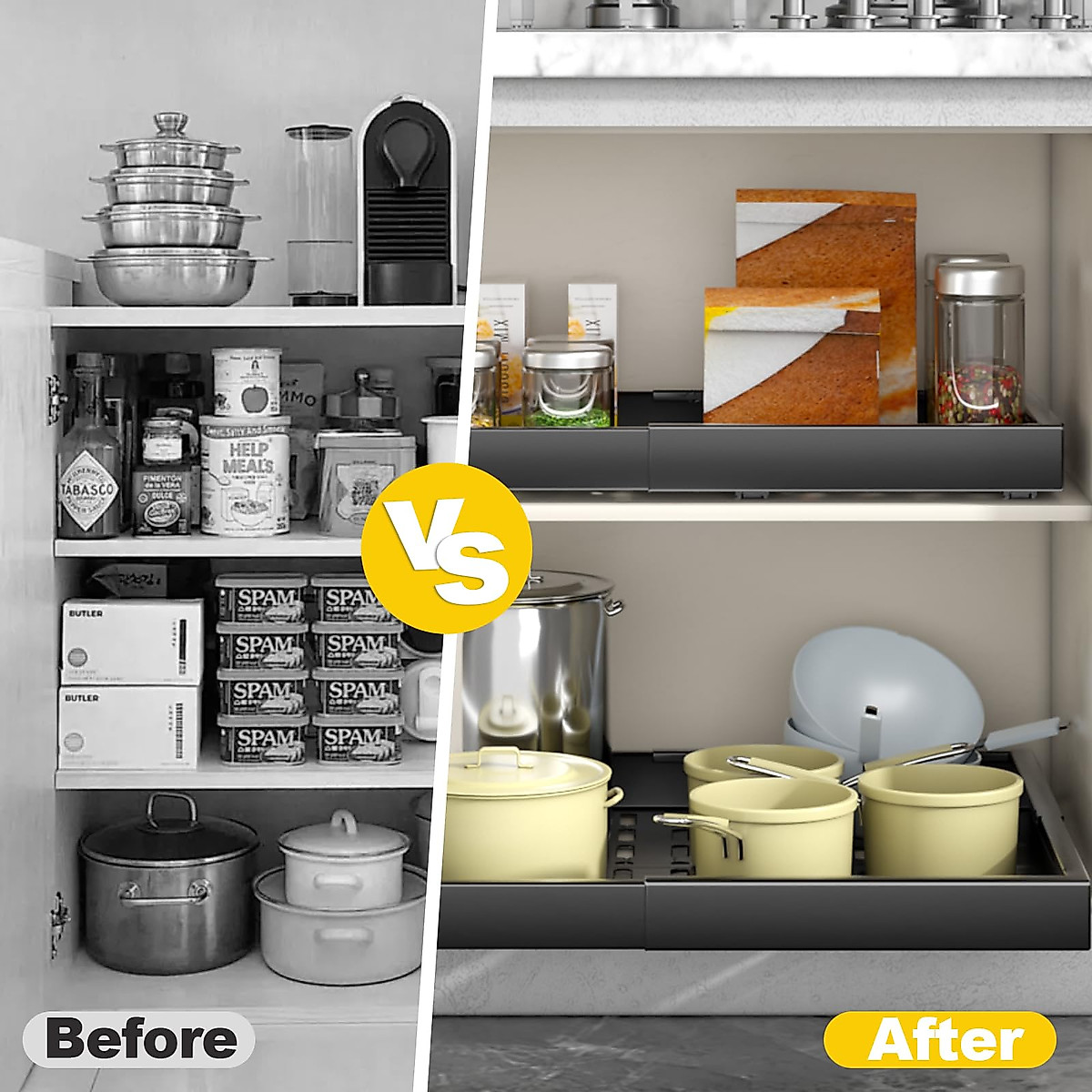 Ehfetyia Pull Out Cabinet Organizer Expandable(Width 12"-18" and Depth 13.3-24"), Adjustable Cabinet Drawers,for Kitchen Cabinets,Pantry Storage Shelves, Pull Out Cabinet Organizer(Black)