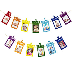 1st Birthday Banner for Boys Girls Party Decoration, Custom Banner for Baby with Photo from Newborn to 12 Months, Monthly Milestone Photograph for First Birthday Party