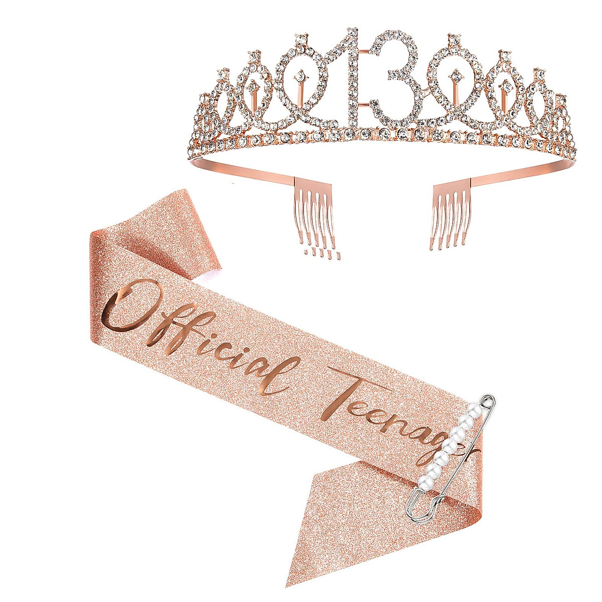 13th Birthday Sash and Crown for Girls, Rose Gold Official Teenager Sash and Tiara for Girls, 13th Birthday Gifts for Happy 13th Birthday Party Favor Supplies