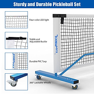 JOGENMAX Portable Pickleball Net System with Lockable Wheels, Metal Frame Pickleball Court with LED Light, Regulation Size Net with Durable Carrying Bag, and 4 Pickleball Rackets.