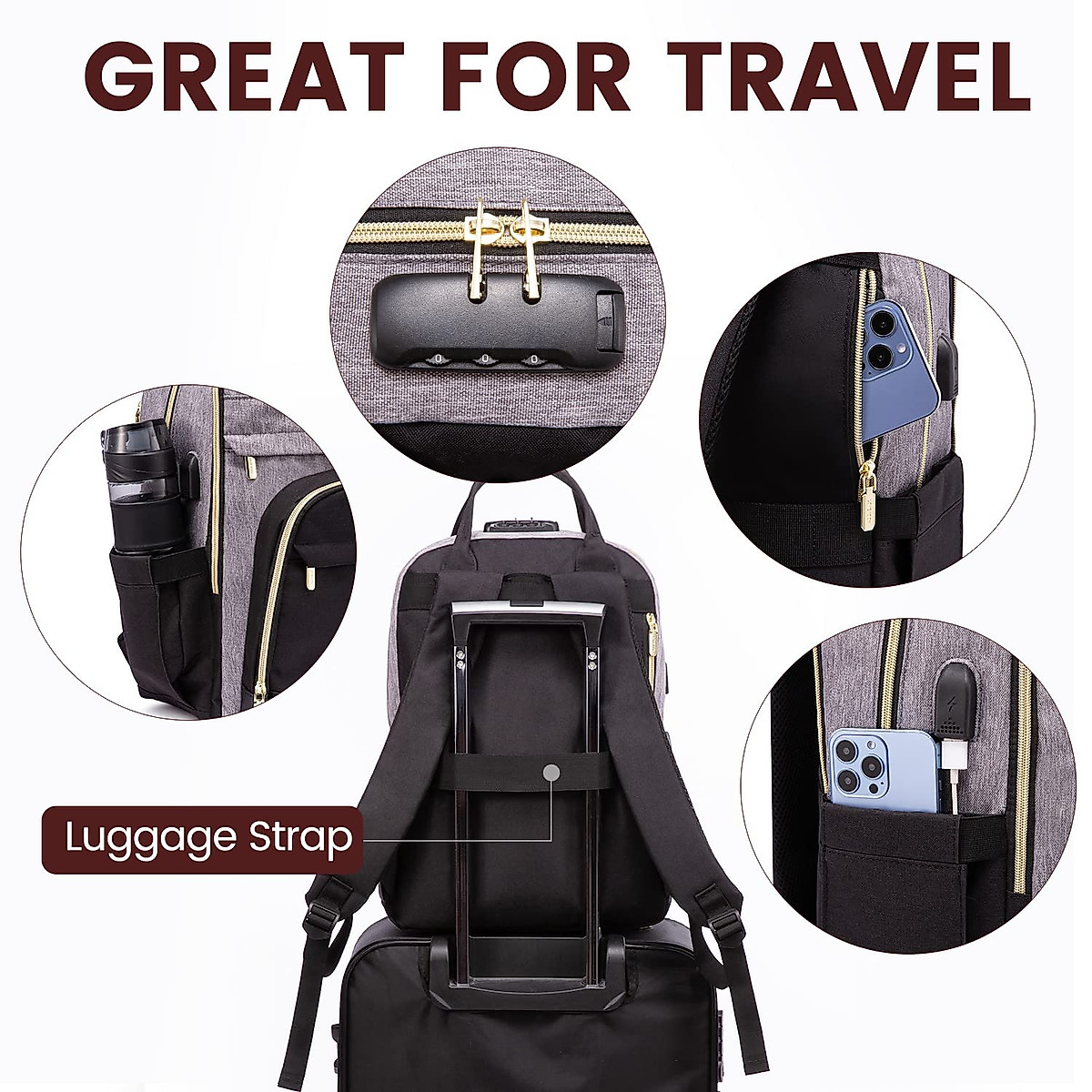 LOVEVOOK Laptop Backpack for Women, Fits 17 Inch Laptop Bag, Fashion Travel Work Anti-theft Bag, Business Computer Waterproof Backpack Purse, University Backpacks, Grey-Black-Balck