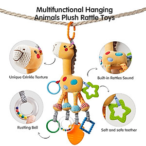 TUMAMA Baby Hanging Toys, 16 inch Plush Animals Baby Rattle Crinkle Squeaky Toys Car Seat Stroller Toys, Baby Toys for 0 3 6 9 12 Months, Sensory Learning Toys Gift for Newborn Infant, 2 Pack