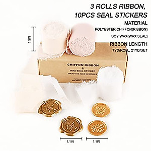 Chiffon Silk Ribbon for Gift Wrapping, White Beige Ribbon for Wedding Invitation Bouquet, 3 Rolls 1.5" Wide x 7 Yd Gift Wrap Cream Ribbon, with 10Pcs Wax Seal Sticker