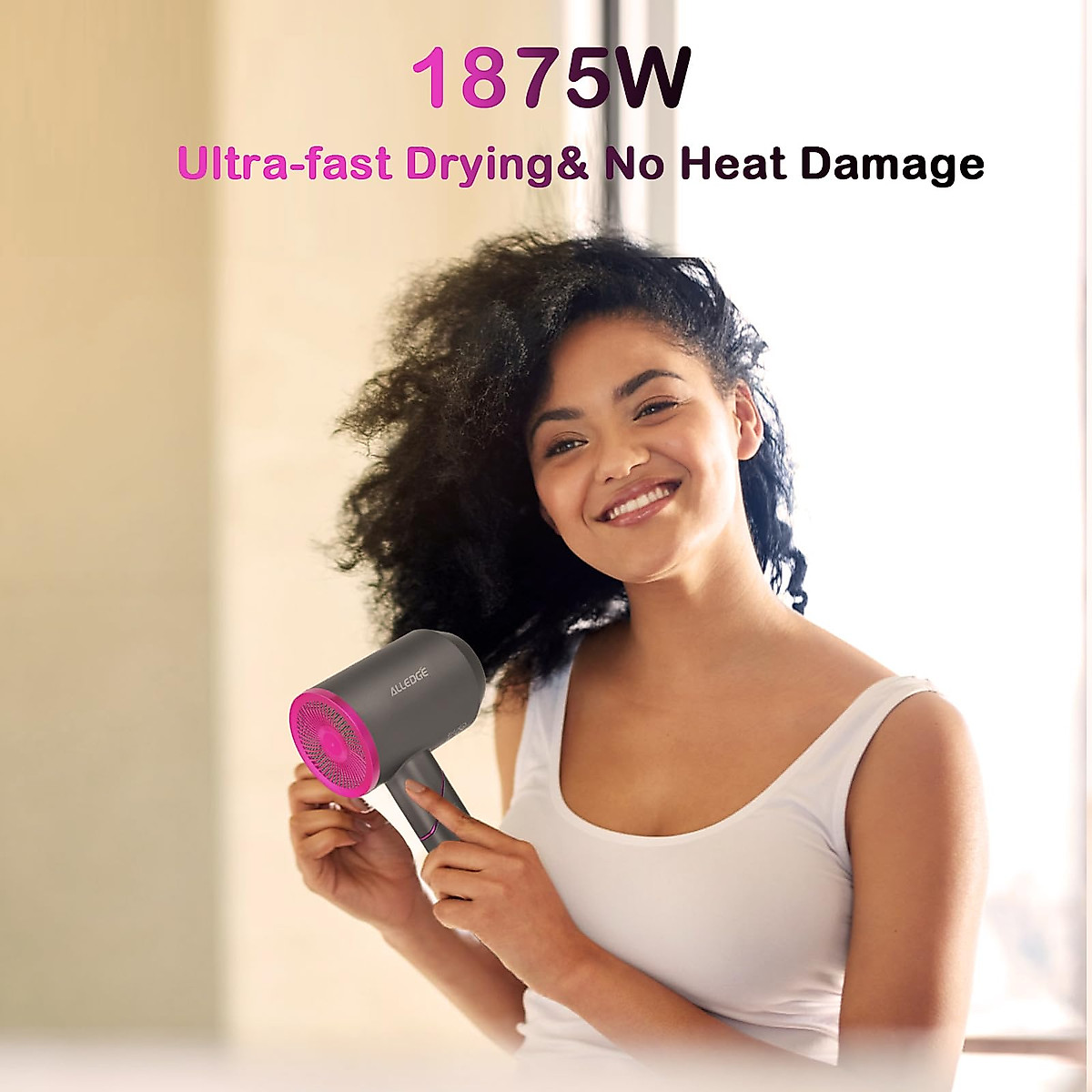 Hair Dryer with Diffuser 1850W Ionic Travel Blow Dryer Foldable Hair Dryer Fast Drying for Women Thick and Curly Hair Without Hair Damage