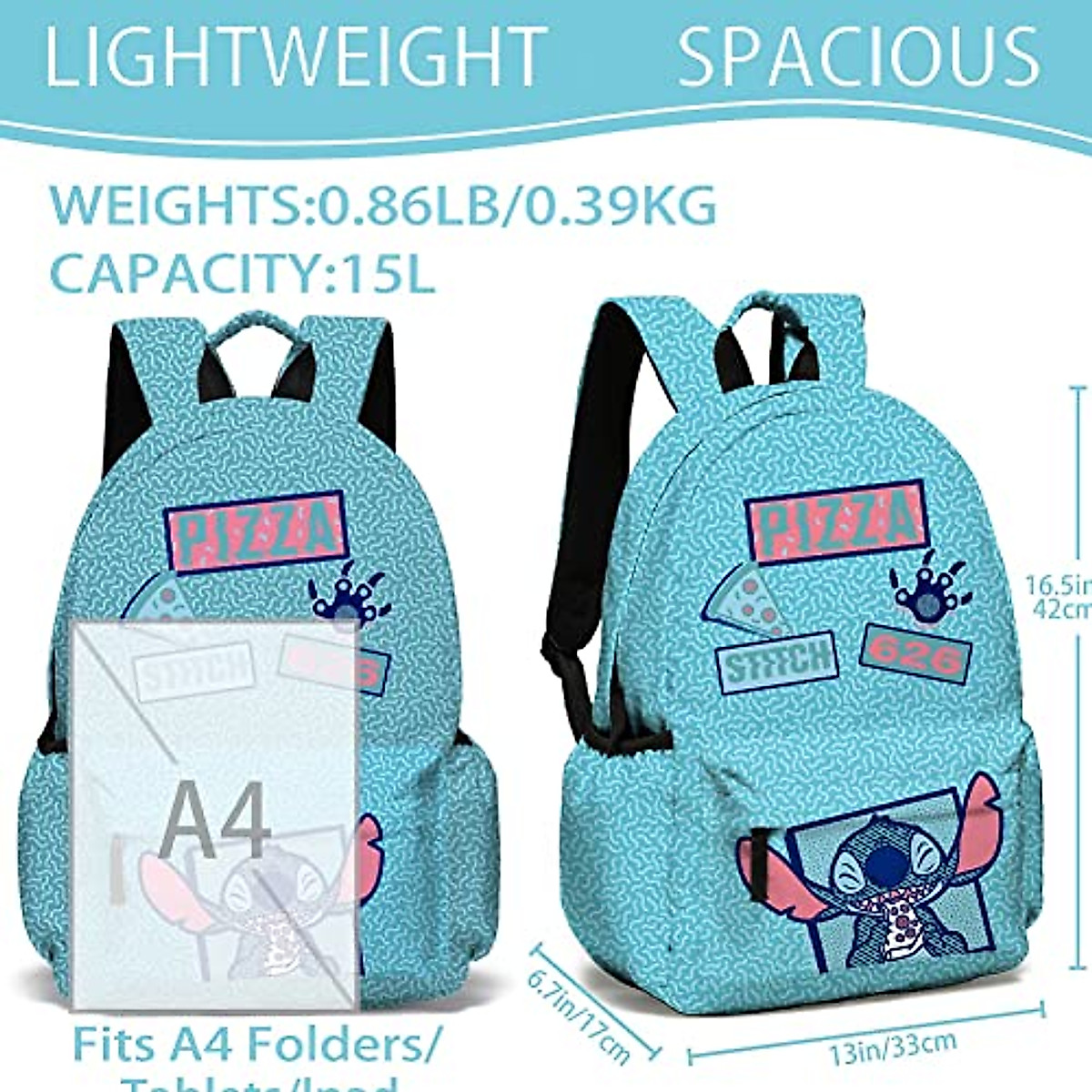FENGJINRUHUA Cute Stitch Boys Girls Pencil Case Backpack School Adjustable Shoulder Strap Travel School Bag (blue)
