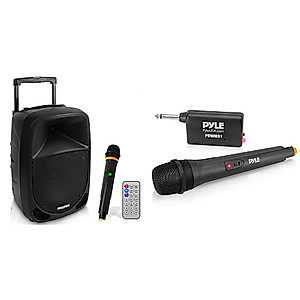 Pyle 1000W Portable Bluetooth PA Speaker & VHF Wireless Microphone System - Professional Battery Operated Handheld Dynamic Unidirectional Cordless Microphone Transmitter Set W/Adapter Receiver