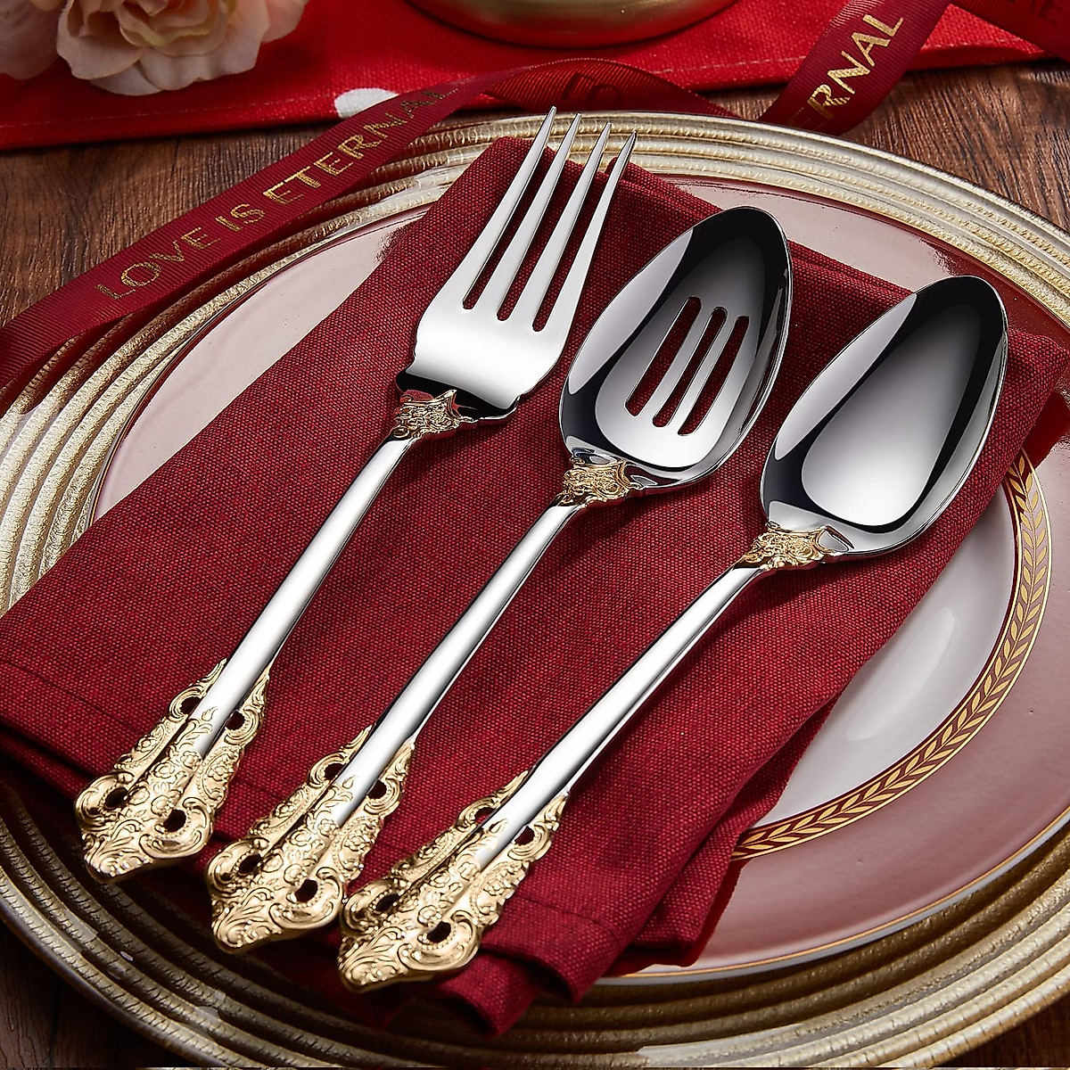 KEAWELL Gorgeous 5-Piece 18/10 Stainless Steel Hostess Serving Utensil Set, Dishwasher Safe, Gold Accent