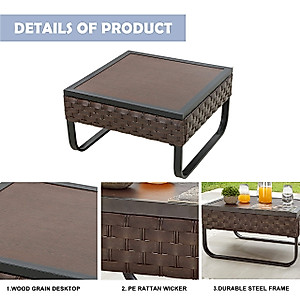 LOKATSE HOME Patio Dining Furniture Outdoor Square Bistro Side Coffee Table with Rattan Wicker Metal Slatted Steel Frame Aluminum Plastic Plate Wood Grain Desktop, Brown