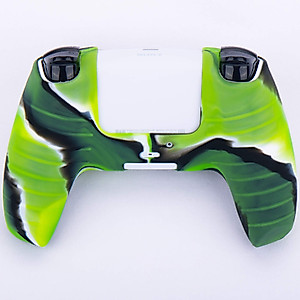 9CDeer 1 Piece of Silicone Protective Cover Skin + 6 Thumb Grips for Playstation 5 / PS5 Controller Camouflage Green