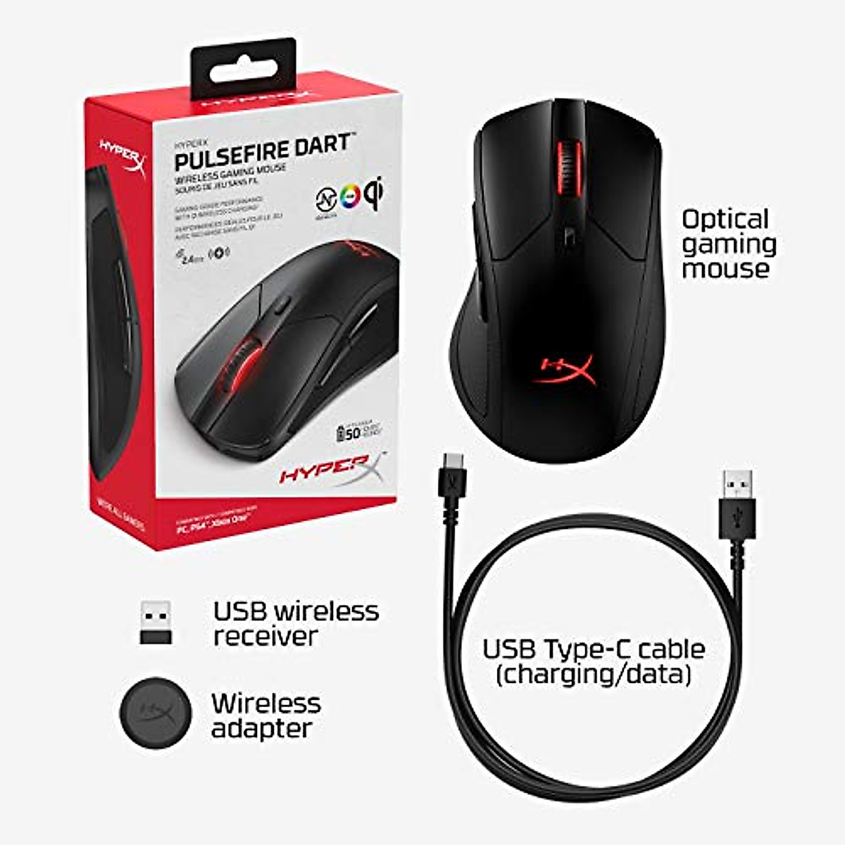 HyperX Pulsefire Dart - Wireless RGB Gaming Mouse, Software-Controlled Customization, 6 Programmable Buttons, Qi-Charging Battery up to 50 hours - PC, PS4, Xbox One Compatible,Black