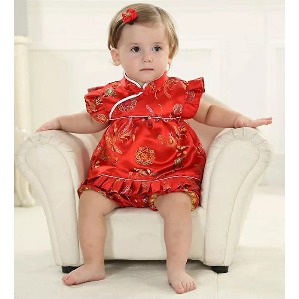 FANCYKIDS Girls Chinese New Years Traditional Qipao Cheongsam Dress Shorts Outfit Set (RedCircle, 6-12 Months)
