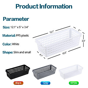 Hayixia White Slim Storage Basket Tray, Small Plastic Basket for Organizing, Set of 12