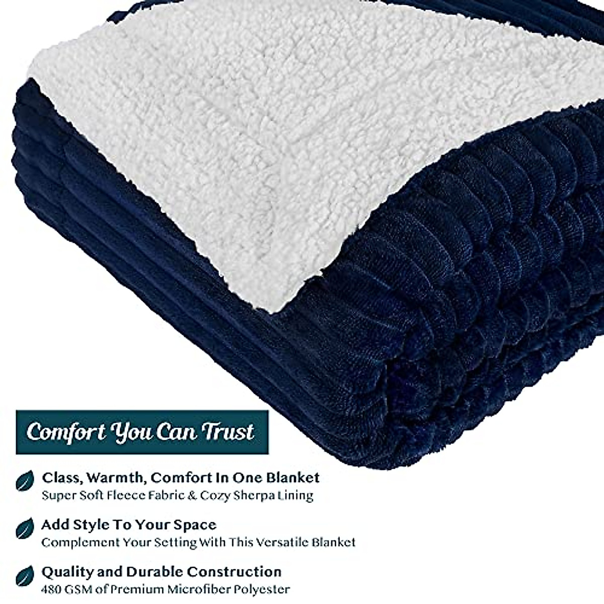 PAVILIA Sherpa Fleece Blanket Throw | Stripe, Super Soft, Plush, Luxury Flannel Throw | Thick Fluffy Ribbed Microfiber Blanket for Sofa Couch Bed (Navy Blue, 50x60 inches)