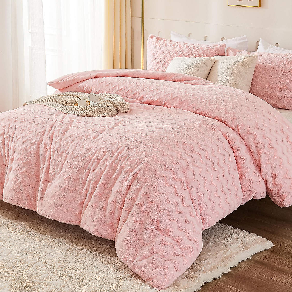 Andency Pink Fleece Comforter Set Full, 3 Pieces Fuzzy Shaggy Plush Sherpa Bedding Comforter Set Women Girls, Solid Fluffy Faux Fur Bed Comforter Set for Winter