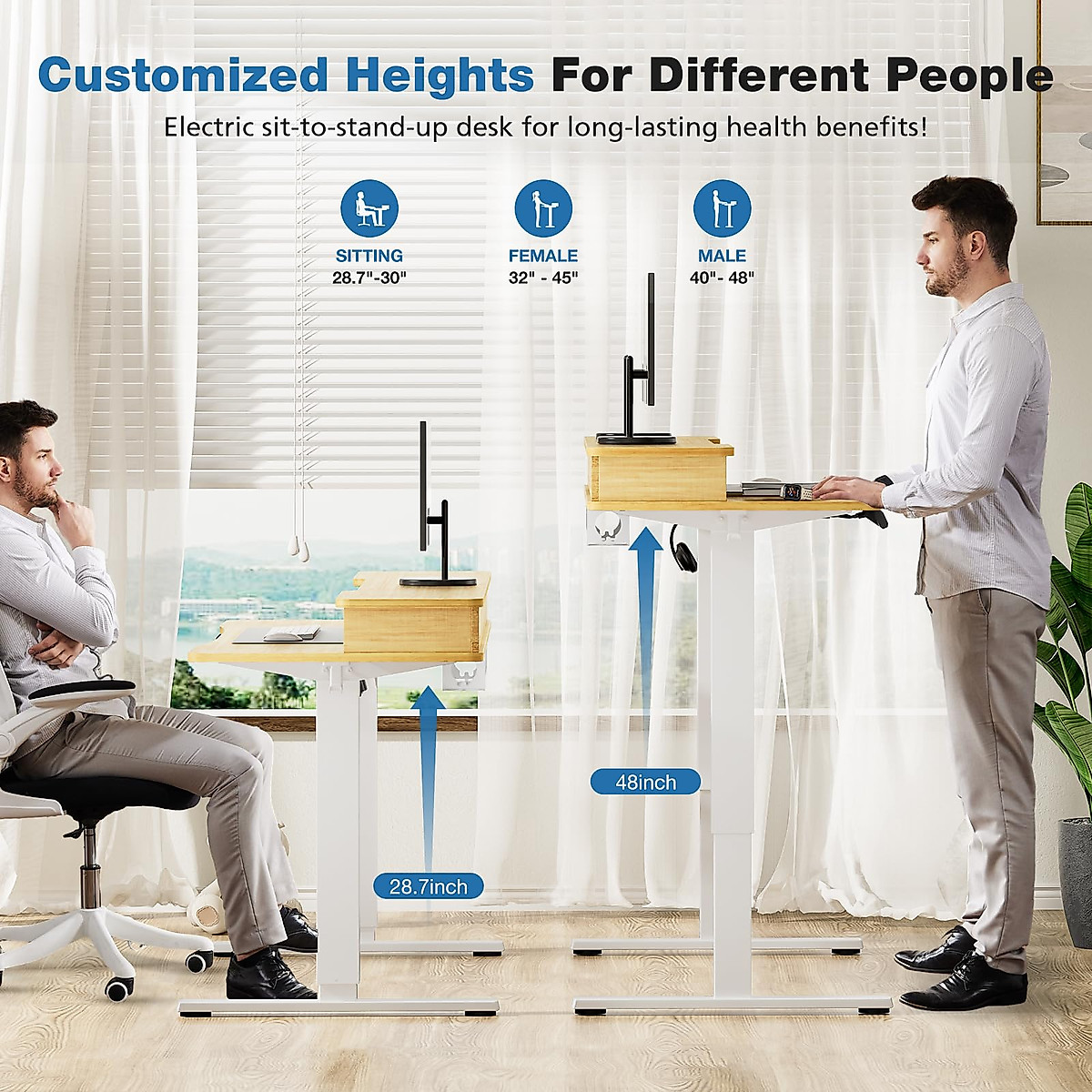 63 Inch Electric Standing Desk with Double Drawers, Adjustable Height Stand Up Desk, Sit Stand Home Office Desk with Monitor Stand, Computer Workstation with Storage Shelf, Natural New