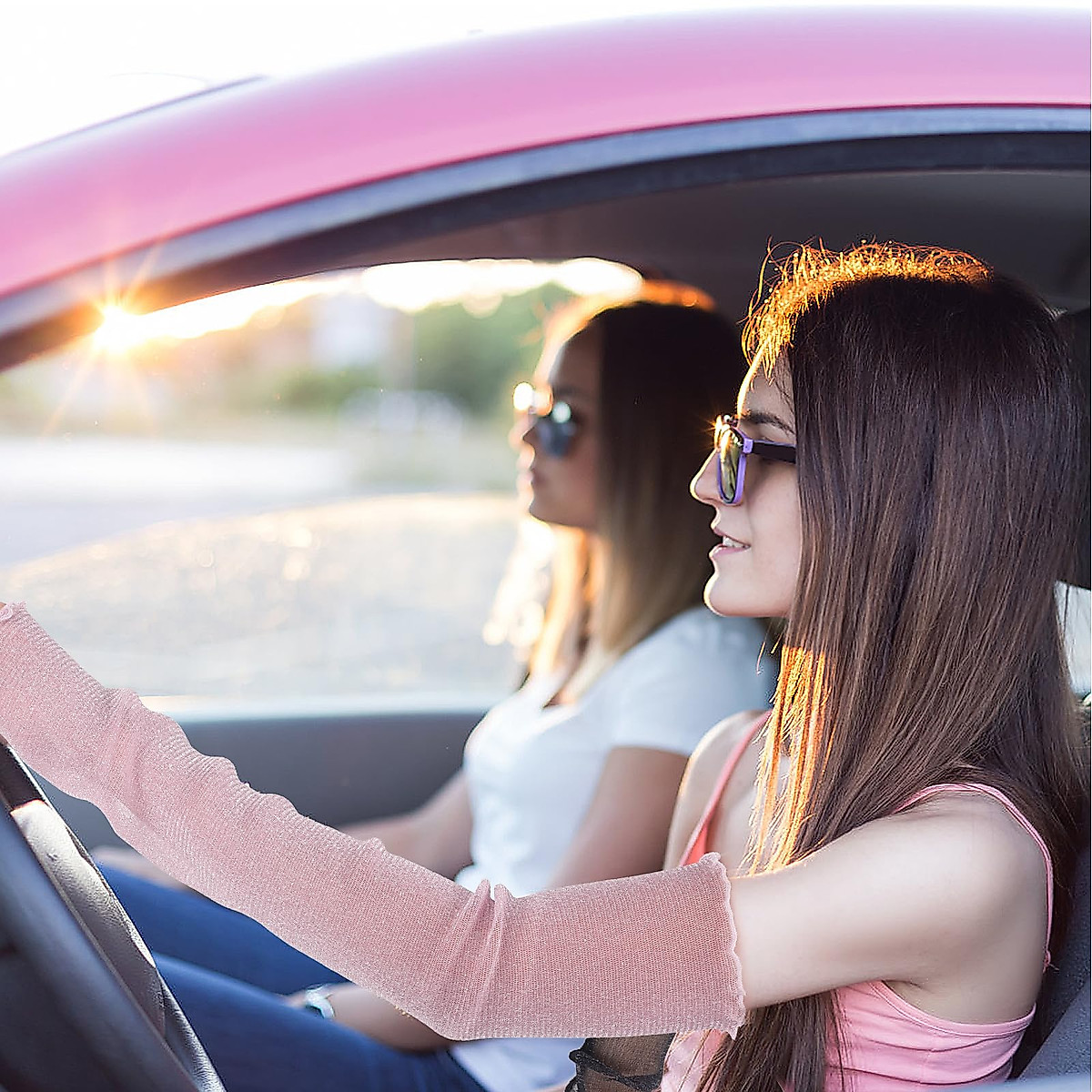 Women's Long Ultra-thin Lace Arm Sleeves Cooling Mesh Tulle Sunscreen Fingerless Arm Sleeves for Party Outdoor Activity (Pink)