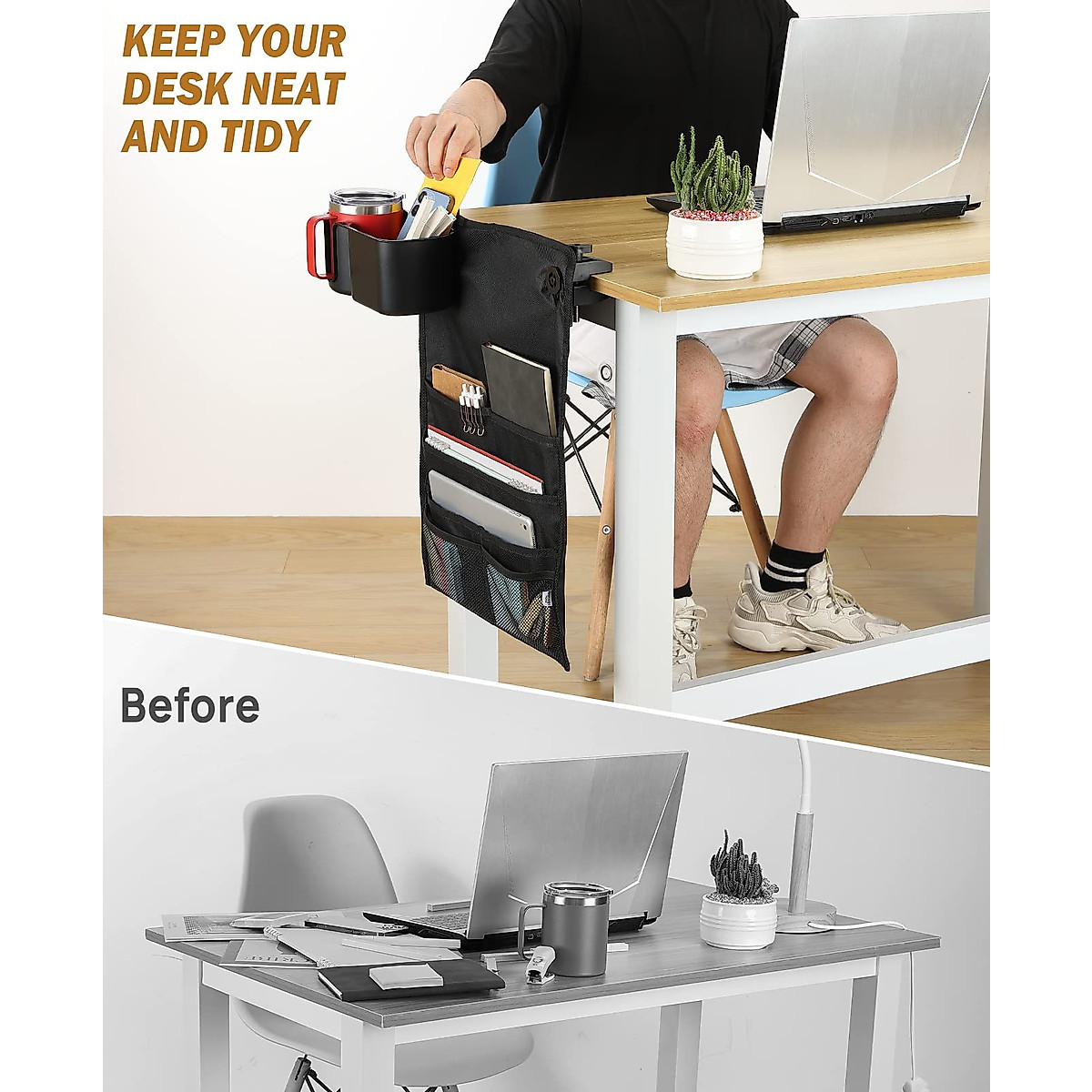 yamagahome Desk Cup Holder Clamp with Hanging Storage Bag, 2 in 1 Table Cup Holder Clip for Desk, Anti-Spill Tableside Cup Holder with Hanging Organizer for Home Office, College Dorm Rooms, RV