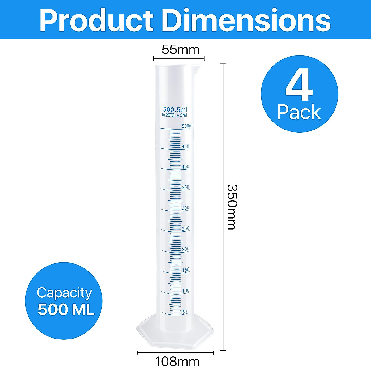 Akamino 4 Packs 500ml Plastic Graduated Cylinder,Transparent Measuring Cylinder Set with Pour Spout, 2-Sided Making Plastic Lab Test Tube for Science Projects, Laboratory Supplies