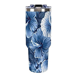 Blue Hawaiian Hibiscus Floral Insulated Tumbler with Lid And Straw Stainless Steel Travel Coffee Mug 40oz Light Rose Red-style