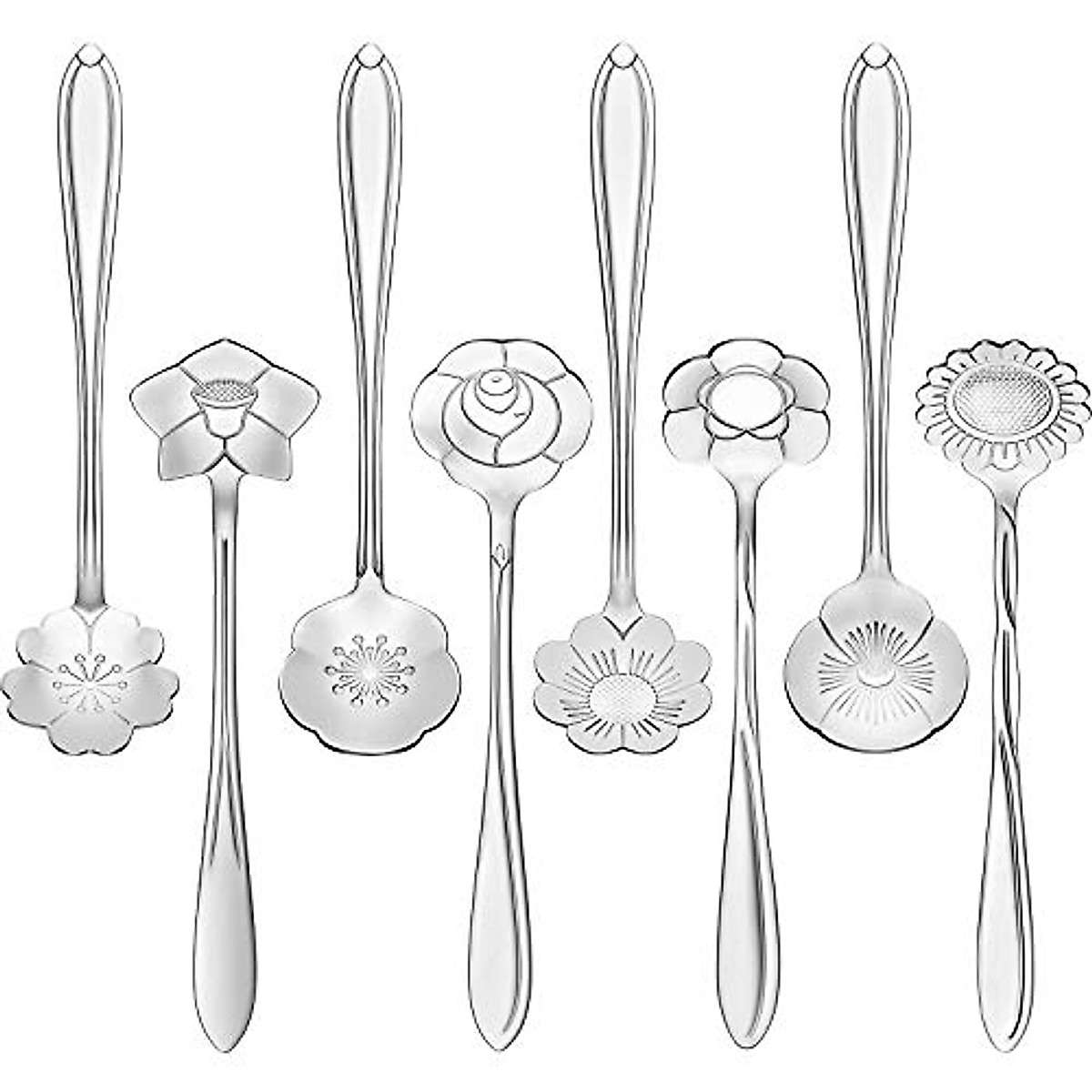 8 Pieces Flower Spoon Coffee Teaspoon Set Stainless Steel Tableware Creative Sugar Spoon Tea Spoon Stir Bar Spoon Stirring Spoon, 8 Different Patterns (Silver)