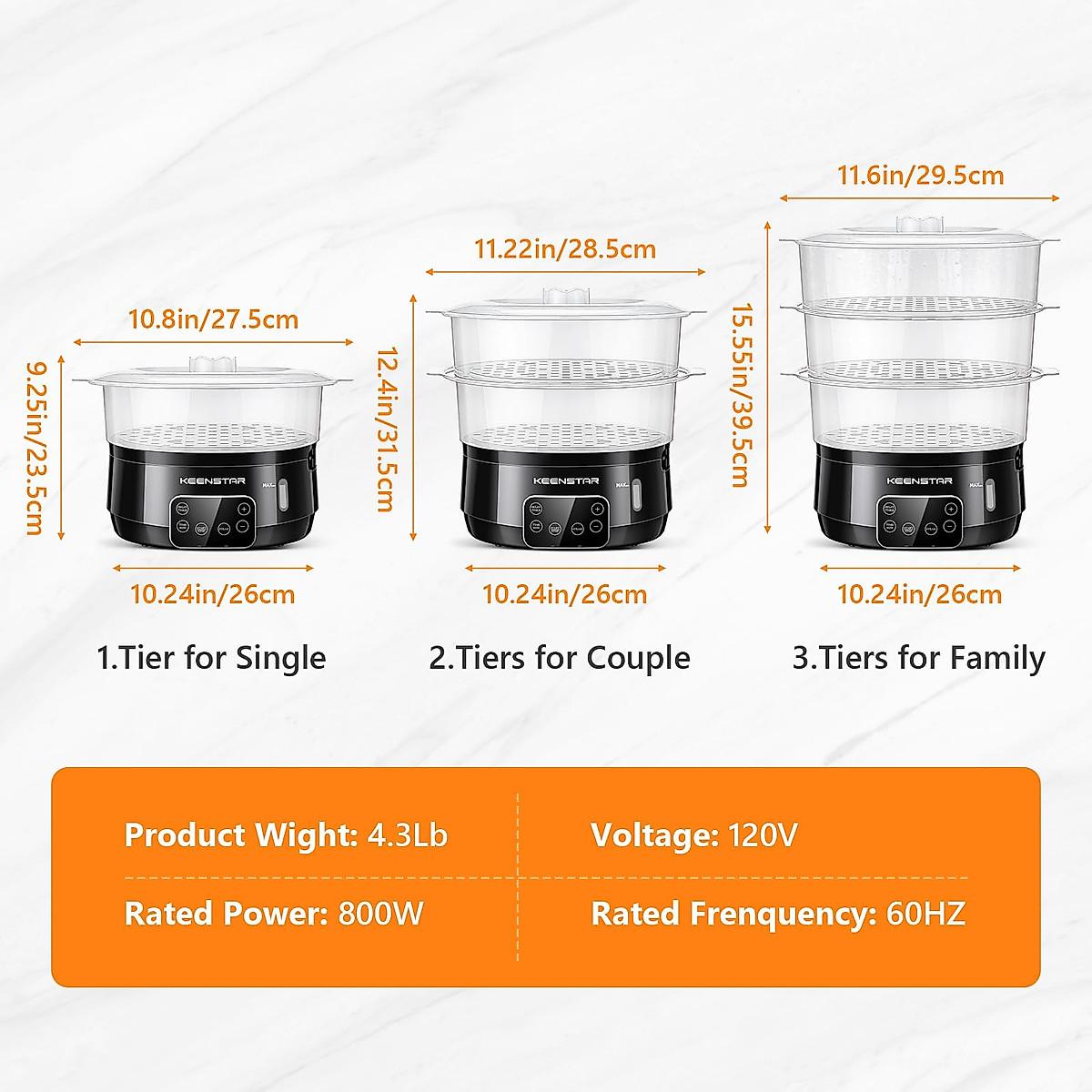 13.7QT Electric Food Steamer for Cooking, Vegetable Steamer with 3 Tiers BPA-Free Baskets, Digital Steamer with Appointment, 800W Fast Cooking, Ideal for Veggies Seafood Rice Black