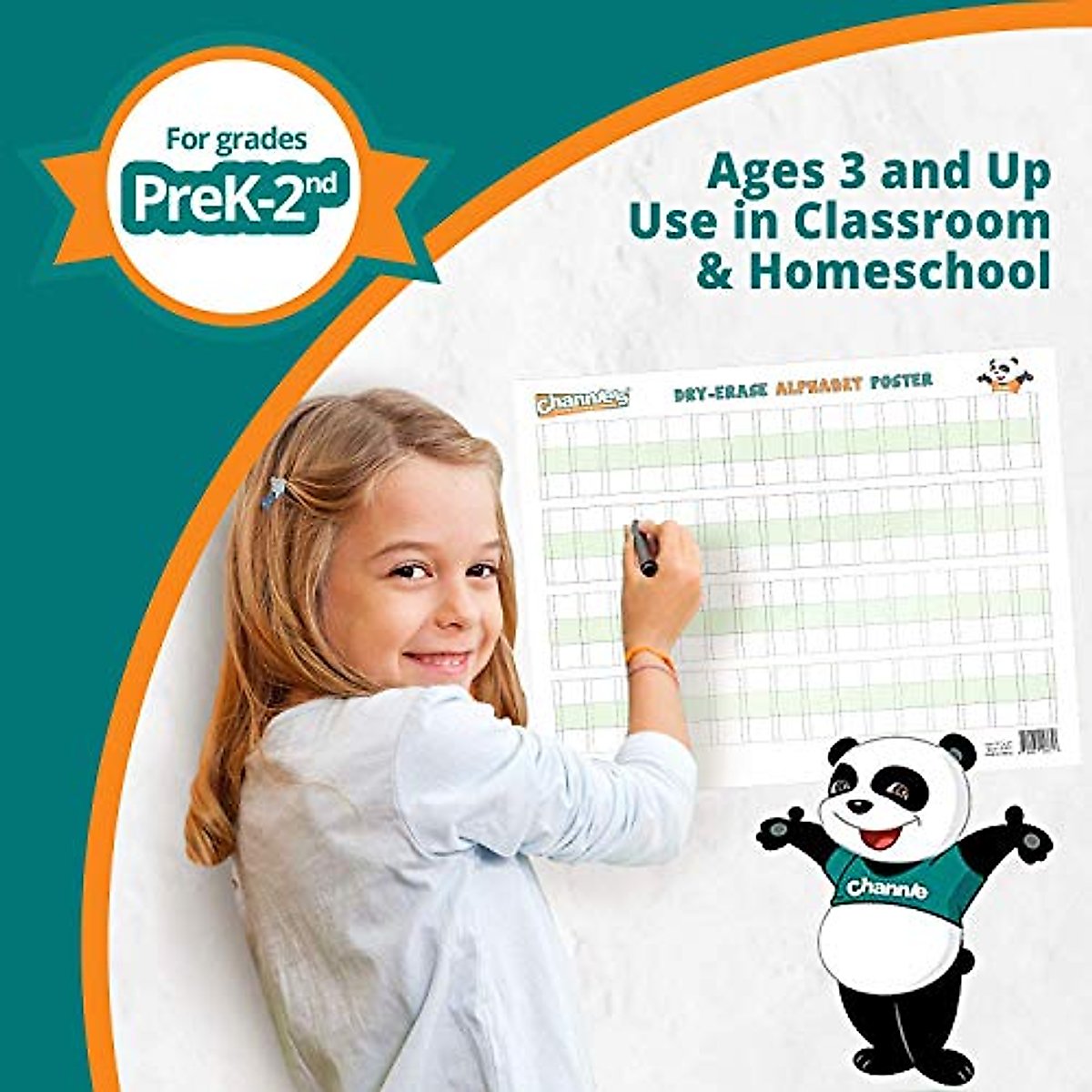 Channie’s Visual Two Sided Large Dry Erase Alphabet & Numbers Poster Board, Use in Classroom and Homeschool; Size 22” x 17”, Ages 3 and Up, PreK – 2nd
