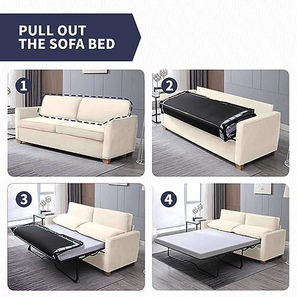 ZAFLY 70" Pull Out Sofa Bed, Convertible Sleeper Sofa with Memory Foam Mattress, Velvet Modern Couch Bed for Home, Apartment, Easy Assembly - Beige
